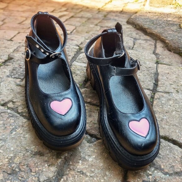 ASOS | Shoes | Asos Black Chunky Platform Pink Heart Accents Mary Jean ...